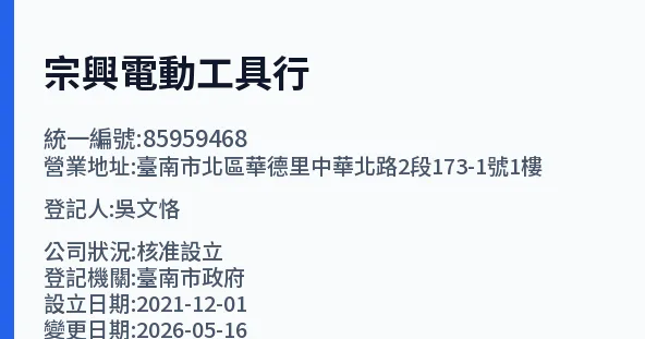 宗興電動工具行的照片-統編 85959468(臺南市) 公司登記資料與營業項目詳細圖表