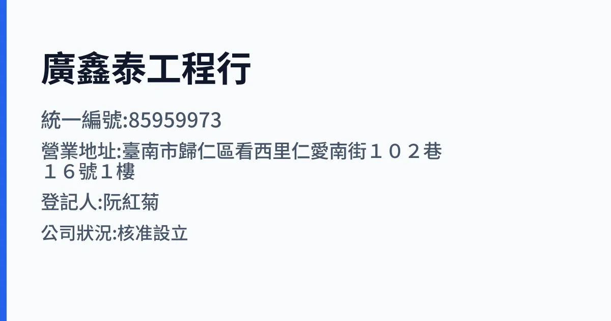 廣鑫泰工程行 - 統編 85959973(臺南市) 公司登記資料與營業項目詳細圖表