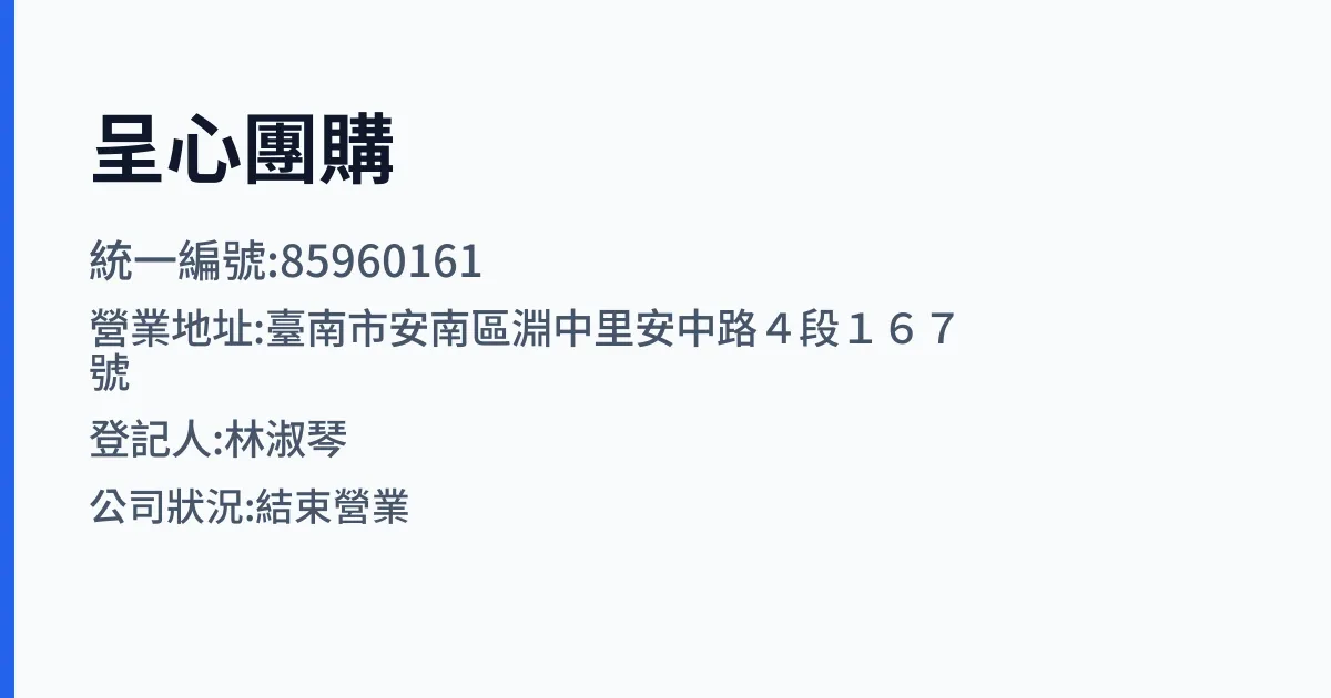 呈心團購 - 統編 85960161(臺南市) 公司登記資料與營業項目詳細圖表