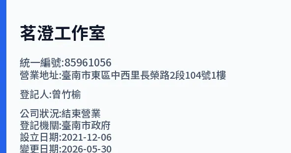 茗澄工作室的照片-統編 85961056(臺南市) 公司登記資料與營業項目詳細圖表
