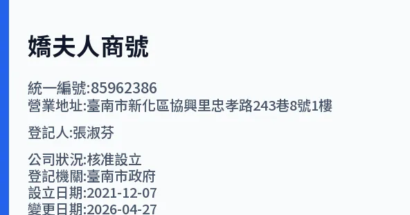 嬌夫人商號的照片-統編 85962386(臺南市) 公司登記資料與營業項目詳細圖表