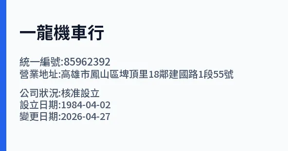 一龍機車行的照片-統編 85962392(高雄市) 公司登記資料與營業項目詳細圖表