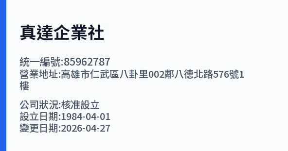真達企業社的照片-統編 85962787(高雄市) 公司登記資料與營業項目詳細圖表