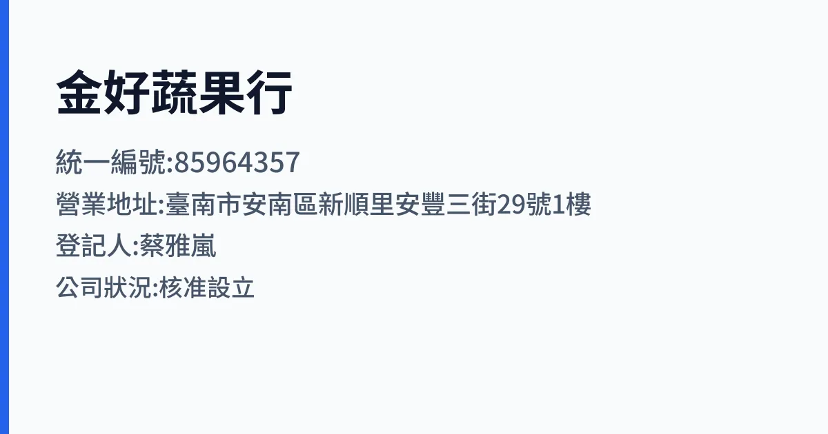 金好蔬果行 - 統編 85964357(臺南市) 公司登記資料與營業項目詳細圖表