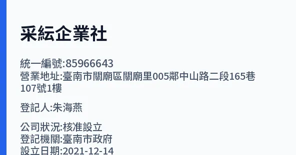 采紜企業社的照片-統編 85966643(臺南市) 公司登記資料與營業項目詳細圖表