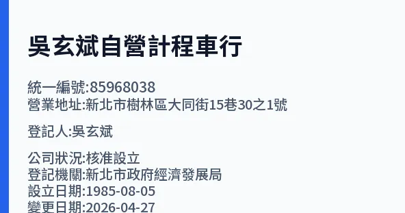 吳玄斌自營計程車行的照片-統編 85968038(新北市) 公司登記資料與營業項目詳細圖表