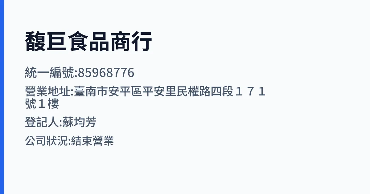 馥巨食品商行 - 統編 85968776(臺南市) 公司登記資料與營業項目詳細圖表