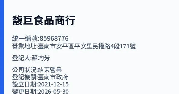 馥巨食品商行的照片-統編 85968776(臺南市) 公司登記資料與營業項目詳細圖表