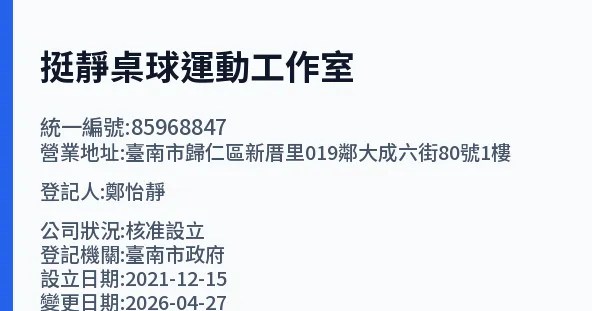 挺靜桌球運動工作室的照片-統編 85968847(臺南市) 公司登記資料與營業項目詳細圖表