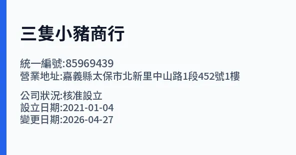 三隻小豬商行的照片-統編 85969439(嘉義縣) 公司登記資料與營業項目詳細圖表