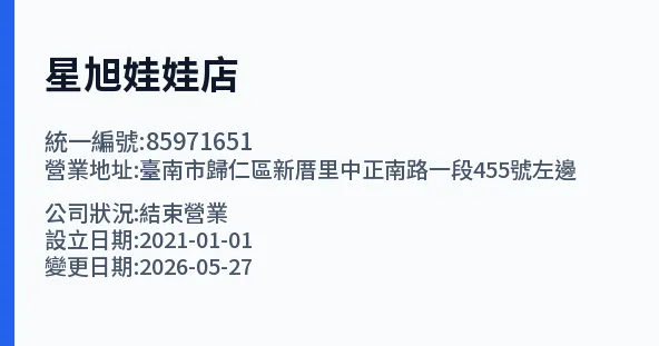 星旭娃娃店的照片-統編 85971651(臺南市) 公司登記資料與營業項目詳細圖表