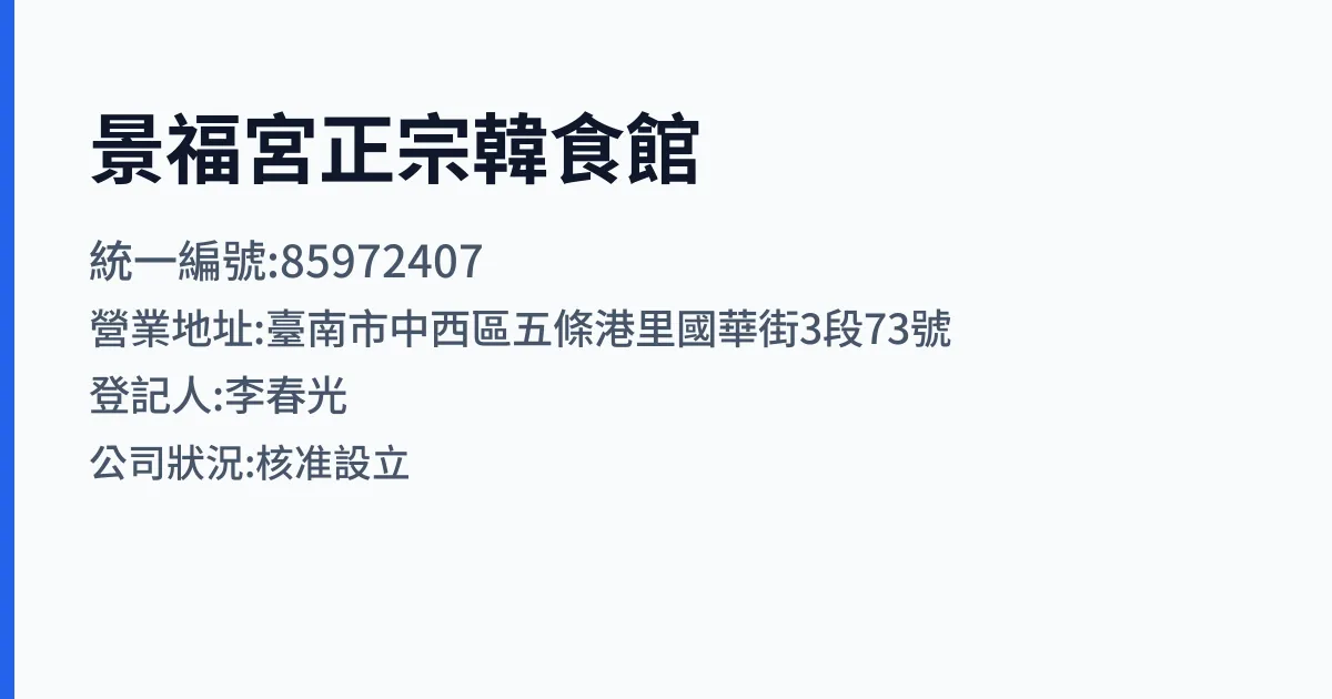 景福宮正宗韓食館 - 統編 85972407(臺南市) 公司登記資料與營業項目詳細圖表