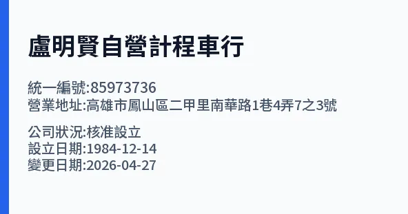 盧明賢自營計程車行的照片-統編 85973736(高雄市) 公司登記資料與營業項目詳細圖表