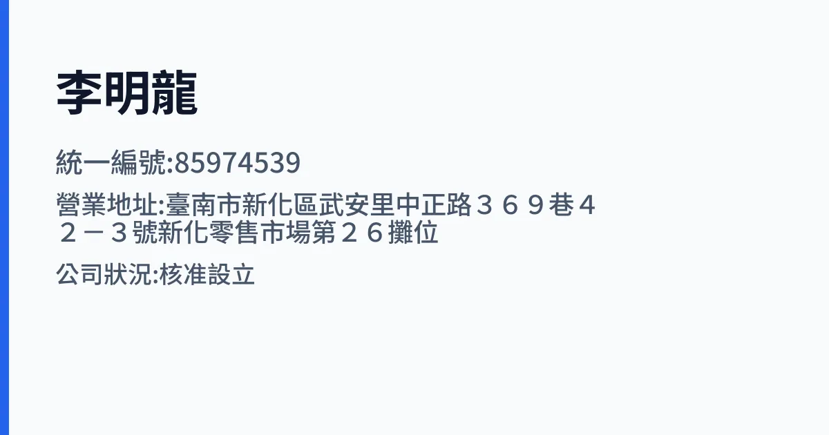 李明龍 - 統編 85974539(臺南市) 公司登記資料與營業項目詳細圖表