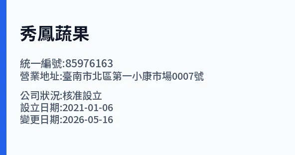 秀鳳蔬果的照片-統編 85976163(臺南市) 公司登記資料與營業項目詳細圖表