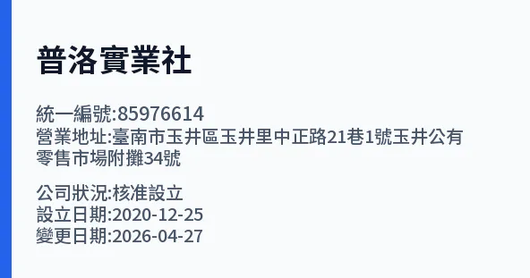 普洛實業社的照片-統編 85976614(臺南市) 公司登記資料與營業項目詳細圖表