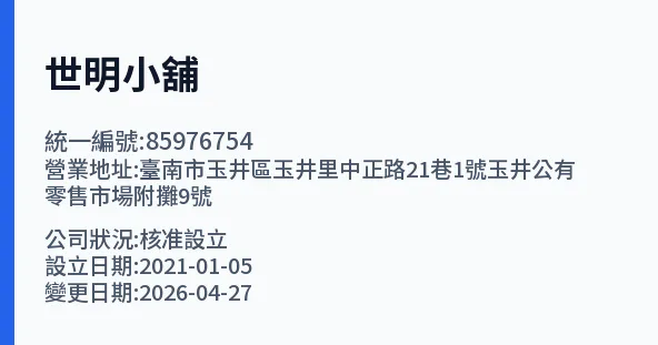 世明小舖的照片-統編 85976754(臺南市) 公司登記資料與營業項目詳細圖表