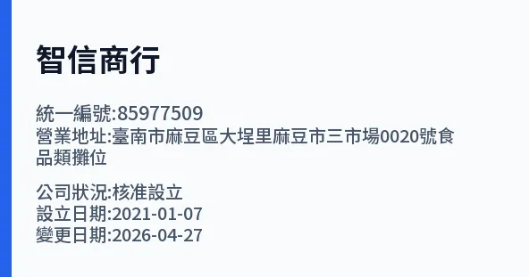 智信商行的照片-統編 85977509(臺南市) 公司登記資料與營業項目詳細圖表