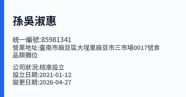 孫吳淑惠的照片-統編 85981341(臺南市) 公司登記資料與營業項目詳細圖表