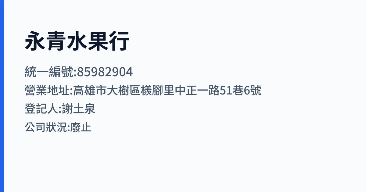 永青水果行 - 統編 85982904(高雄市) 公司登記資料與營業項目詳細圖表