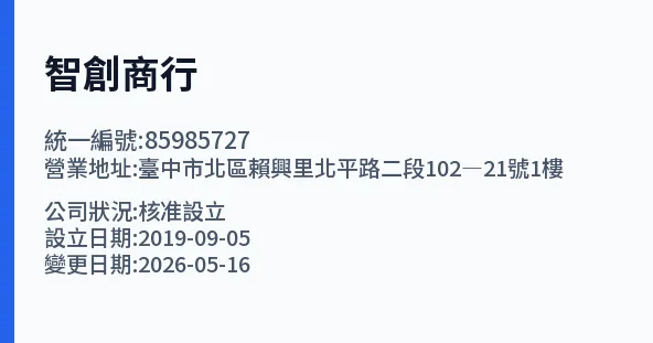 智創商行的照片-統編 85985727(臺中市) 公司登記資料與營業項目詳細圖表