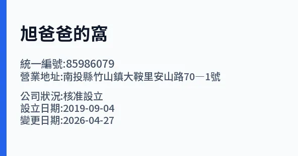 旭爸爸的窩的照片-統編 85986079(南投縣) 公司登記資料與營業項目詳細圖表
