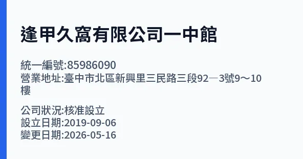 逢甲久窩有限公司一中館的照片-統編 85986090(臺中市) 公司登記資料與營業項目詳細圖表