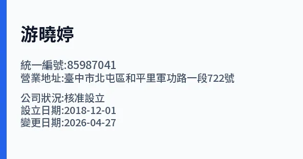 游曉婷的照片-統編 85987041(臺中市) 公司登記資料與營業項目詳細圖表
