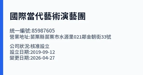 國際當代藝術演藝團的照片-統編 85987605(苗栗縣) 公司登記資料與營業項目詳細圖表