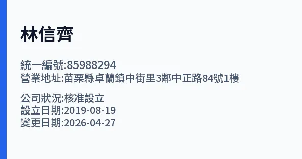 林信齊的照片-統編 85988294(苗栗縣) 公司登記資料與營業項目詳細圖表