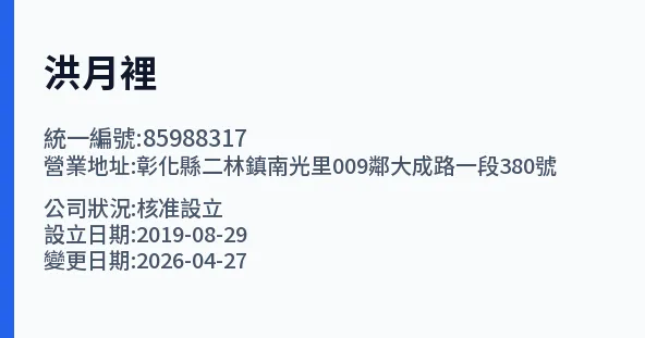 洪月裡的照片-統編 85988317(彰化縣) 公司登記資料與營業項目詳細圖表