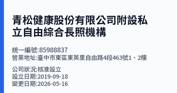 青松健康股份有限公司附設私立自由綜合長照機構的照片-統編 85988837(臺中市) 公司登記資料與營業項目詳細圖表