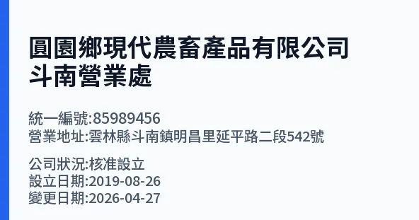 圓園鄉現代農畜產品有限公司斗南營業處的照片-統編 85989456(雲林縣) 公司登記資料與營業項目詳細圖表