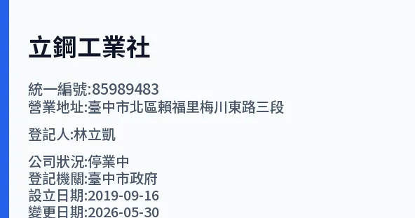 立鋼工業社的照片-統編 85989483(臺中市) 公司登記資料與營業項目詳細圖表