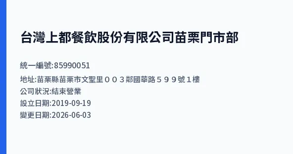 台灣上都餐飲股份有限公司苗栗門市部的照片-統編 85990051(苗栗縣) 公司登記資料與營業項目詳細圖表
