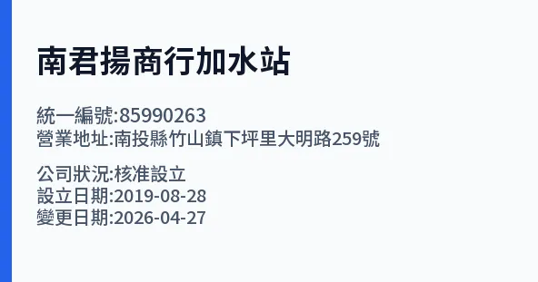 南君揚商行加水站的照片-統編 85990263(南投縣) 公司登記資料與營業項目詳細圖表