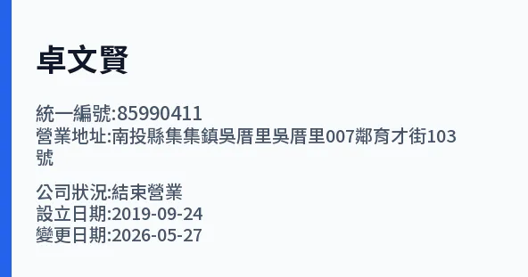 卓文賢的照片-統編 85990411(南投縣) 公司登記資料與營業項目詳細圖表