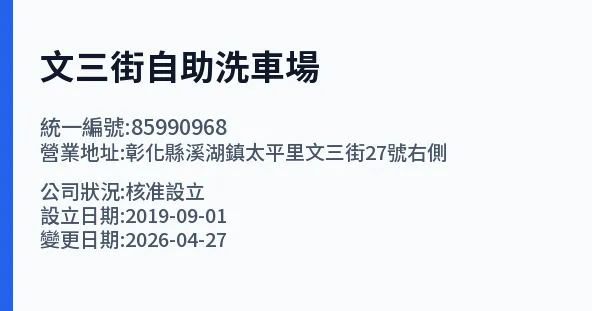 文三街自助洗車場的照片-統編 85990968(彰化縣) 公司登記資料與營業項目詳細圖表