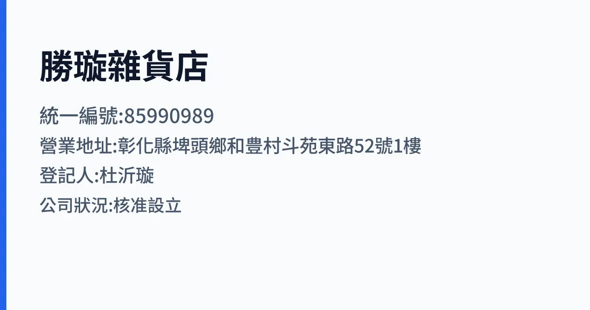 勝璇雜貨店 - 統編 85990989(彰化縣) 公司登記資料與營業項目詳細圖表