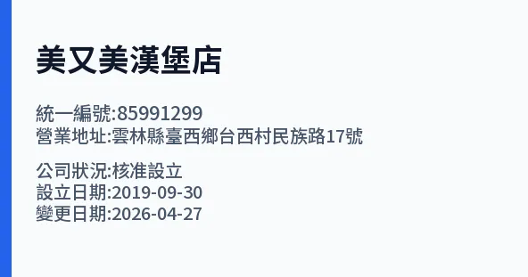 美又美漢堡店的照片-統編 85991299(雲林縣) 公司登記資料與營業項目詳細圖表