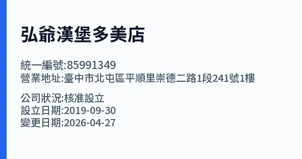 弘爺漢堡多美店的照片-統編 85991349(臺中市) 公司登記資料與營業項目詳細圖表