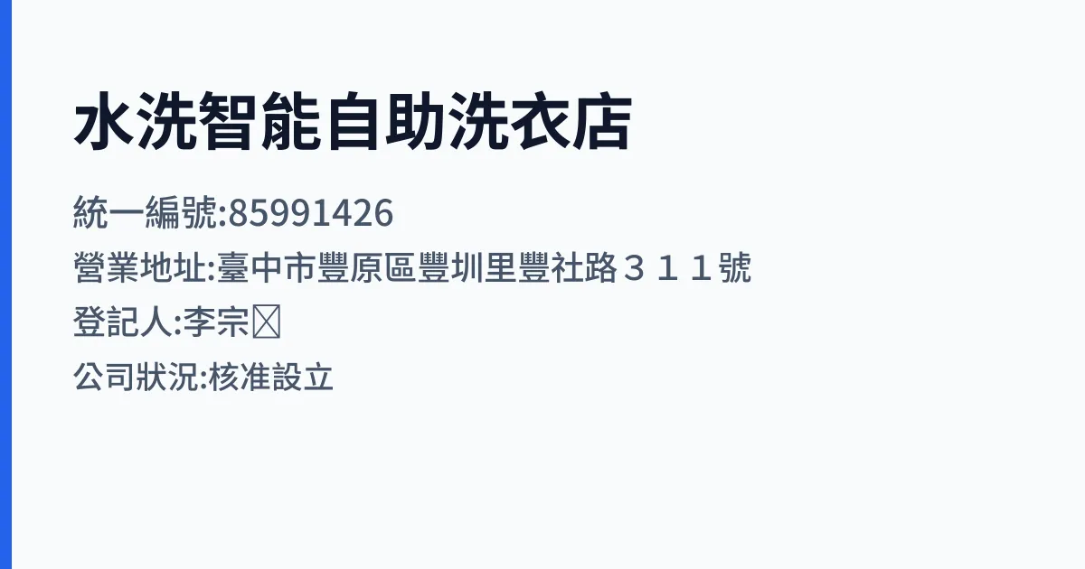 水洗智能自助洗衣店 - 統編 85991426(臺中市) 公司登記資料與營業項目詳細圖表