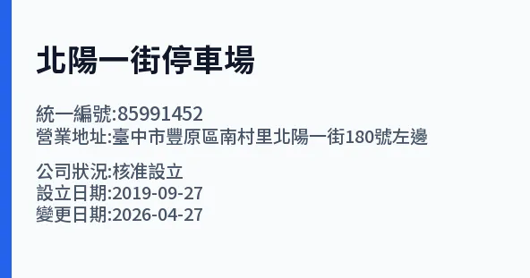 北陽一街停車場的照片-統編 85991452(臺中市) 公司登記資料與營業項目詳細圖表