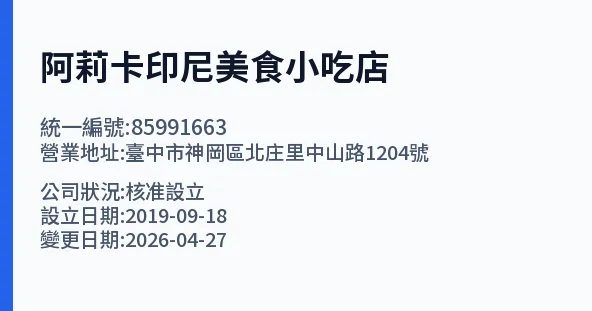 阿莉卡印尼美食小吃店的照片-統編 85991663(臺中市) 公司登記資料與營業項目詳細圖表