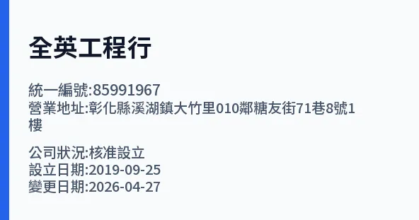 全英工程行的照片-統編 85991967(彰化縣) 公司登記資料與營業項目詳細圖表