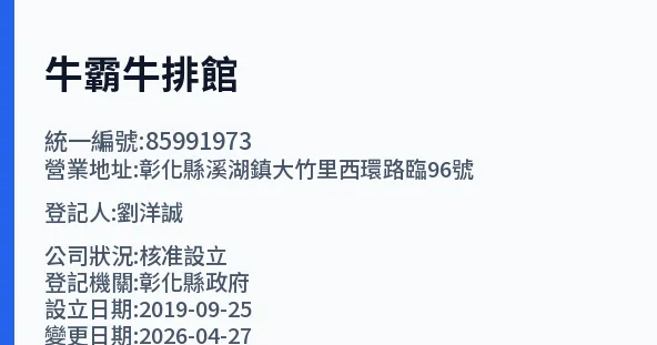 牛霸牛排館的照片-統編 85991973(彰化縣) 公司登記資料與營業項目詳細圖表