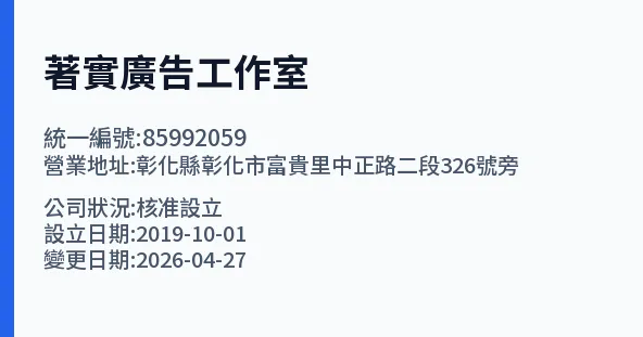 著實廣告工作室的照片-統編 85992059(彰化縣) 公司登記資料與營業項目詳細圖表