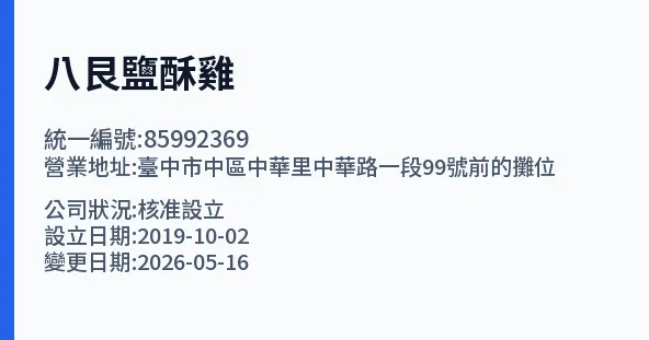八艮鹽酥雞的照片-統編 85992369(臺中市) 公司登記資料與營業項目詳細圖表
