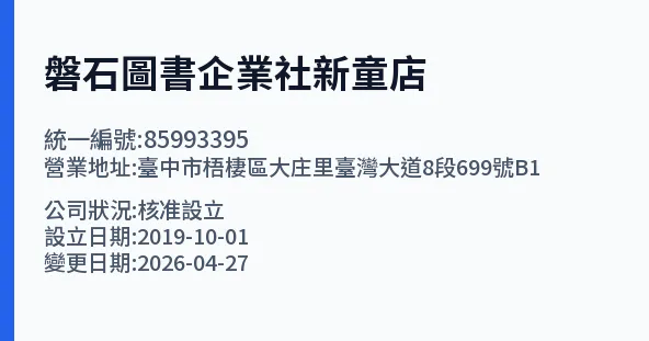 磐石圖書企業社新童店的照片-統編 85993395(臺中市) 公司登記資料與營業項目詳細圖表