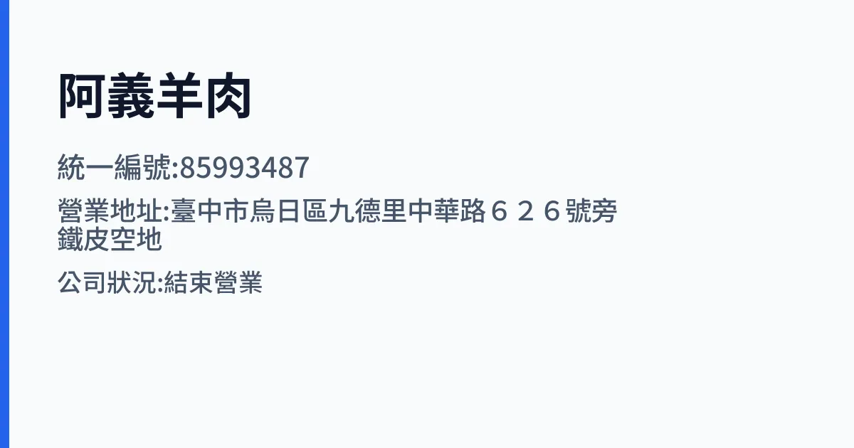 阿義羊肉 - 統編 85993487(臺中市) 公司登記資料與營業項目詳細圖表